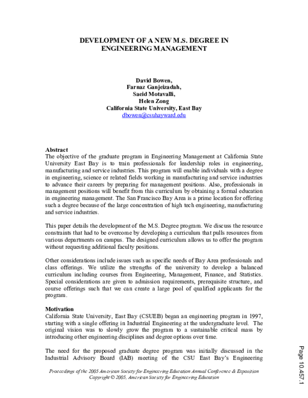 (PDF) Development Of A New Masters Degree Program In Engineering Management