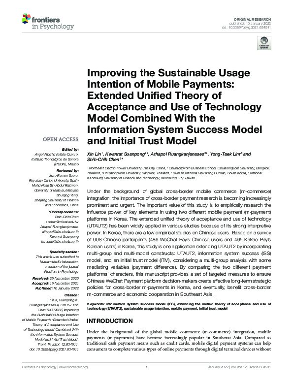 (PDF) Improving the Sustainable Usage Intention of Mobile Payments: Extended Unified Theory of ...