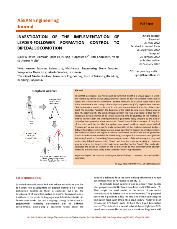 (PDF) Investigation of the Implementation of Leader-Follower Formation Control to Bipedal Locomotion