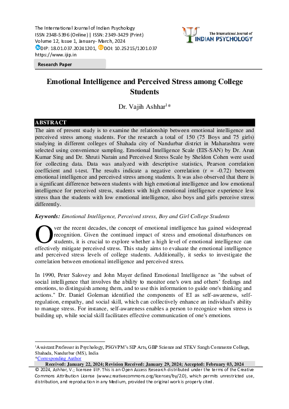 (PDF) Emotional Intelligence and Perceived Stress among College Students