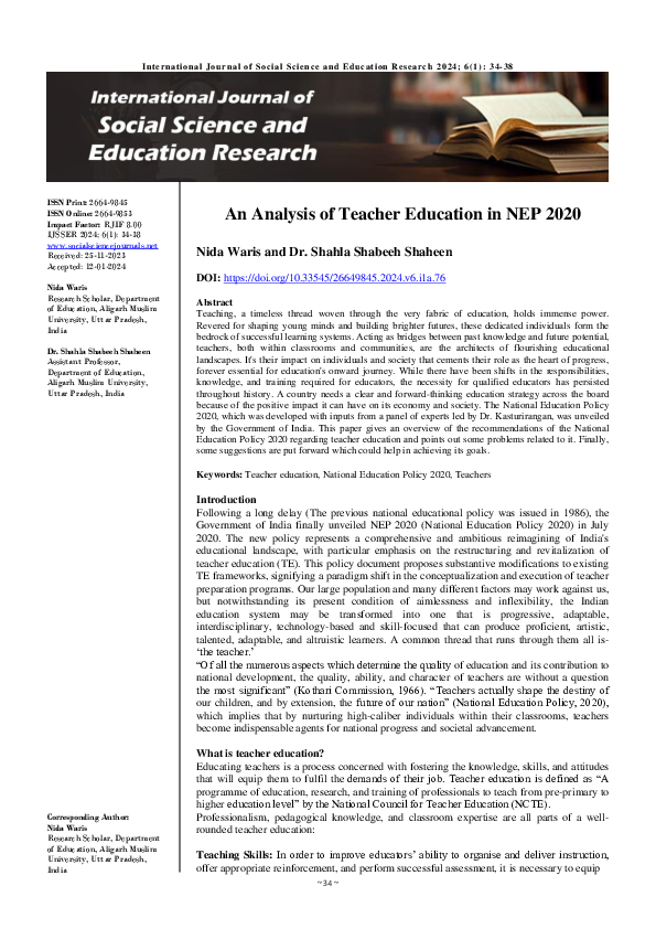 (PDF) An Analysis of Teacher Education in NEP 2020