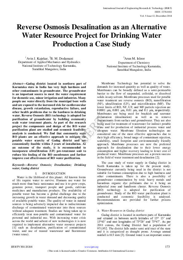(PDF) Reverse Osmosis Desalination as an Alternative Water Resource ...
