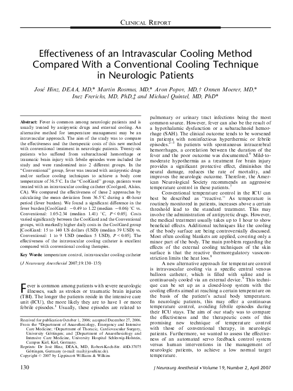 (PDF) Effectiveness of an Intravascular Cooling Method Compared With a ...