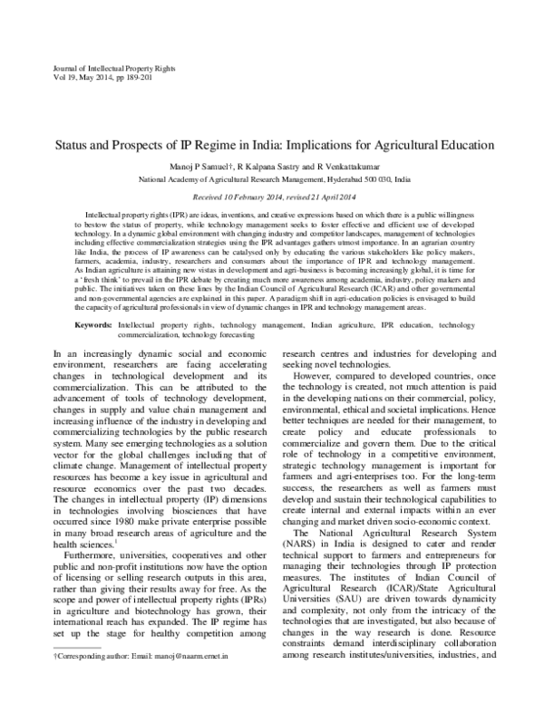 (PDF) Status and Prospects of IP Regime in India: Implications for ...