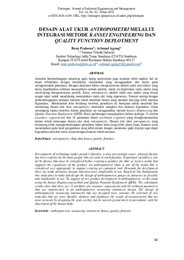 (PDF) Disain Alat Ukur Antropometri Melalui Integrasi Metode Kansei Engineering Dan Quality ...