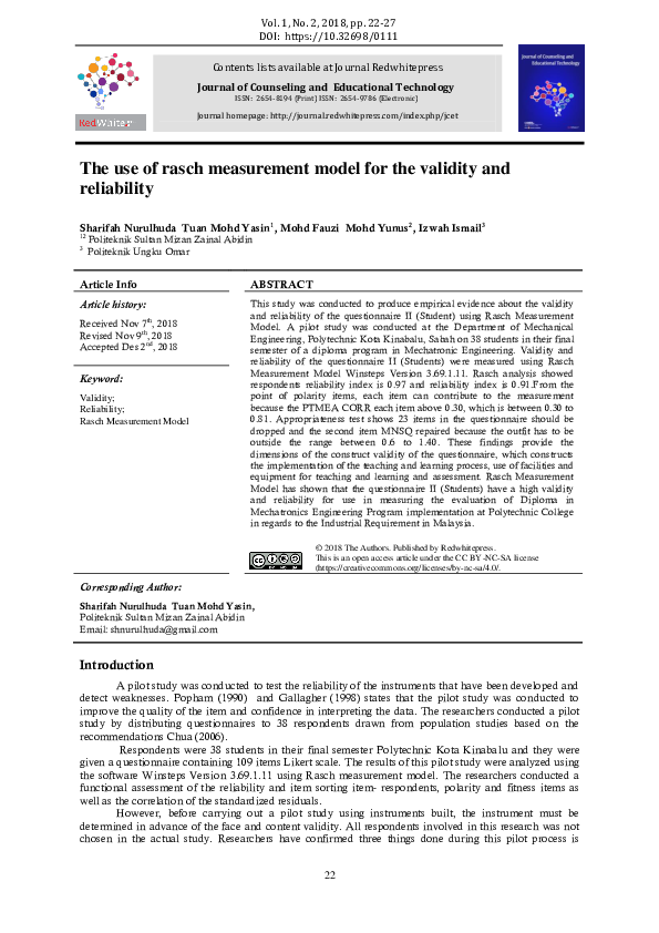 (PDF) The use of rasch measurement model for the validity and reliability