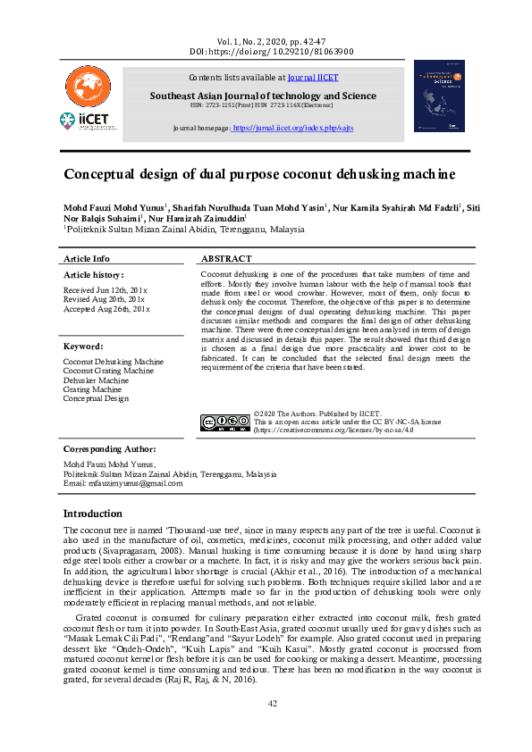 (PDF) Conceptual design of dual purpose coconut dehusking machine