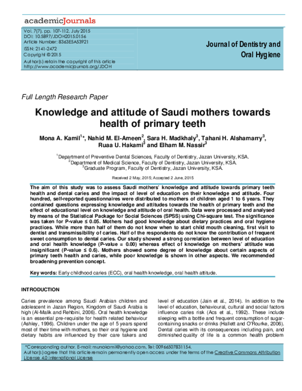 (PDF) Knowledge and attitude of Saudi mothers towards their preschool children’s oral health