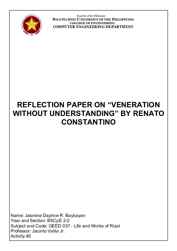 (PDF) A Reflection Paper on Renato Constantino's Essay 'Veneration ...