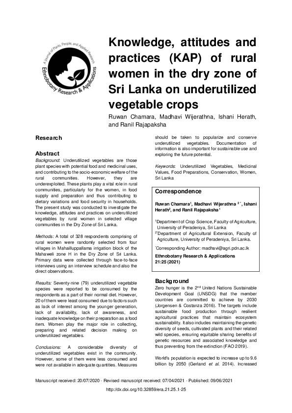 (PDF) Knowledge, attitudes and practices (KAP) of rural women in the dry zone of Sri Lanka on ...