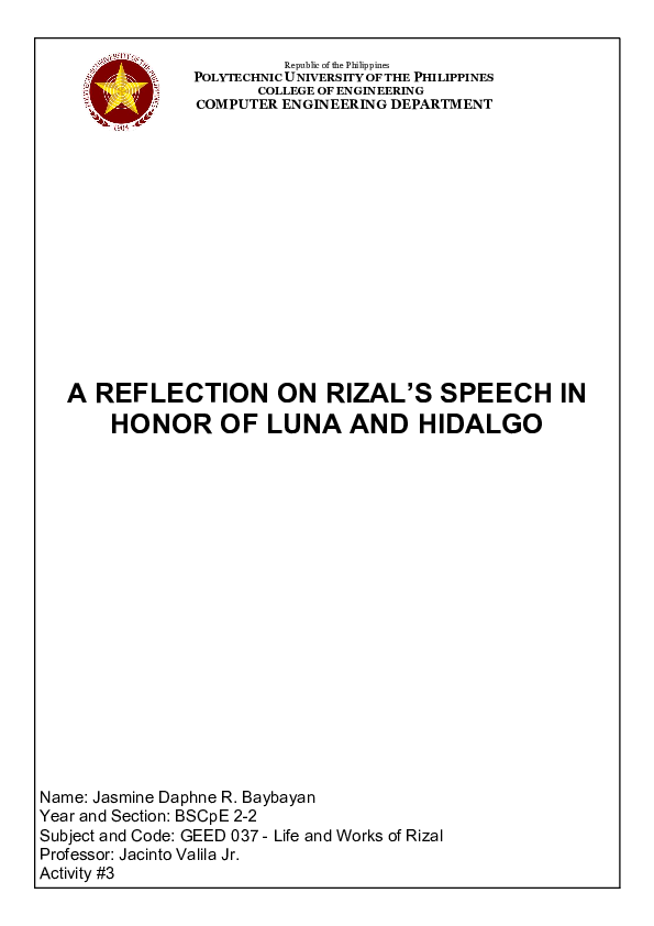 (PDF) A Reflection Paper in honor for the speech of Rizal for Luna and Hidalgo elaborating his ...