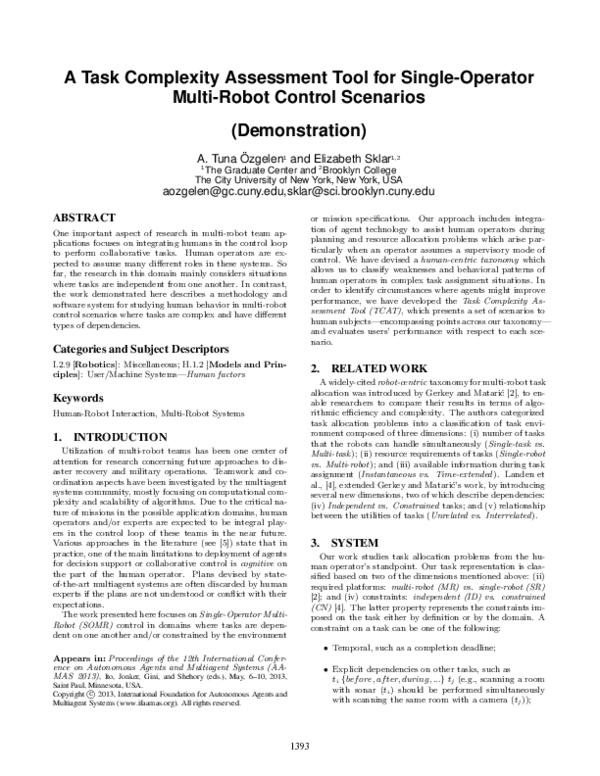 Pdf A Task Complexity Assessment Tool For Single Operator Multi Robot Control Scenarios