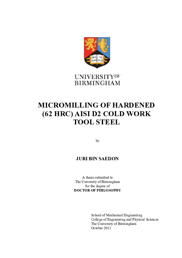 (PDF) Micromilling of hardened (62 HRC) AISI D2 cold work tool steel