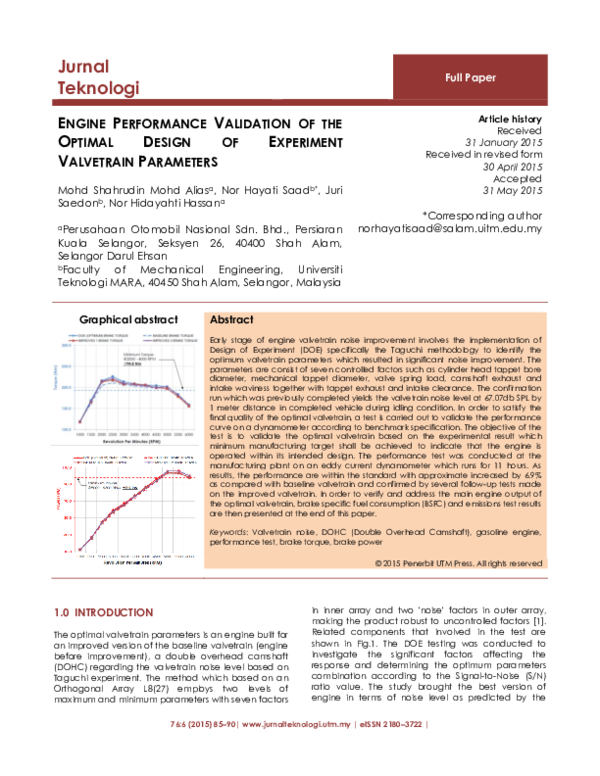 (PDF) Engine Performance Validation of the Optimal Design of Experiment Valvetrain Parameters