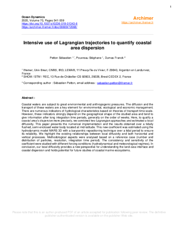 (PDF) Intensive use of Lagrangian trajectories to quantify coastal area dispersion