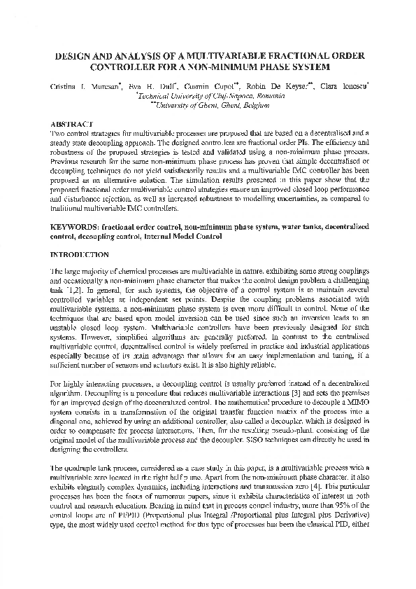 Pdf Design And Analysis Of A Multivariable Fractional Order Controller For A Non Minimum Phase