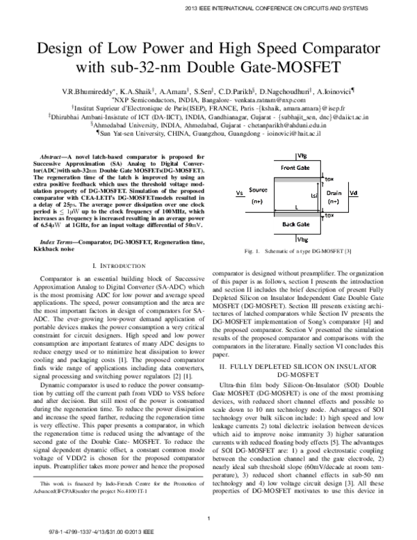 (PDF) Design of low power and high speed comparator with sub-32-nm Double Gate-MOSFET