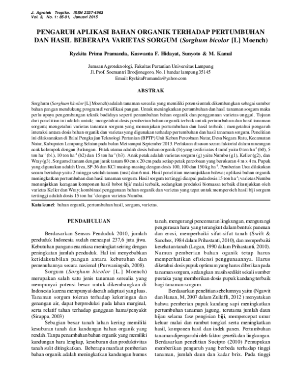 (PDF) PENGARUH APLIKASI BAHAN ORGANIK TERHADAP PERTUMBUHAN DAN HASIL BEBERAPA VARIETAS SORGUM ...