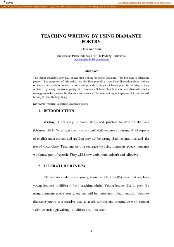 (PDF) Teaching Writing By Using Diamante Poetry