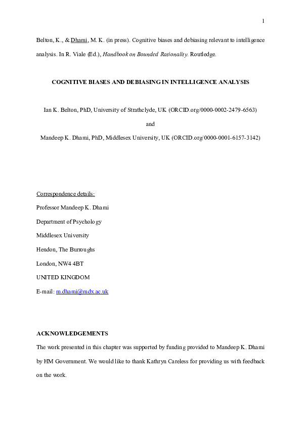 (PDF) Cognitive biases and debiasing in intelligence analysis