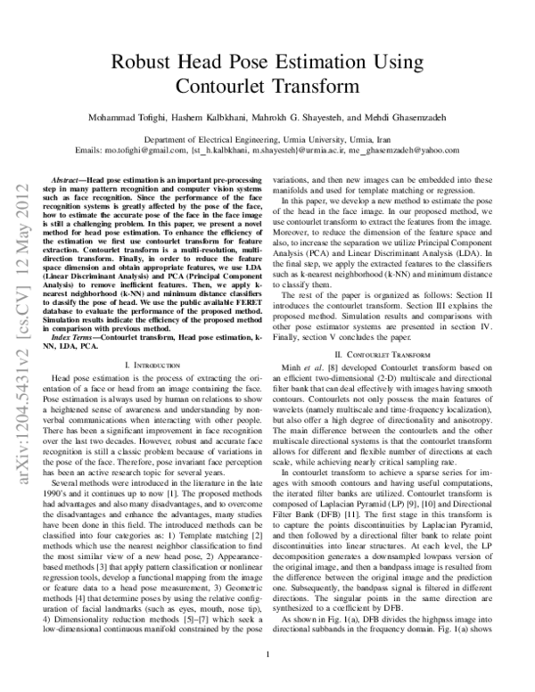 (PDF) Robust Head Pose Estimation Using Contourlet Transform