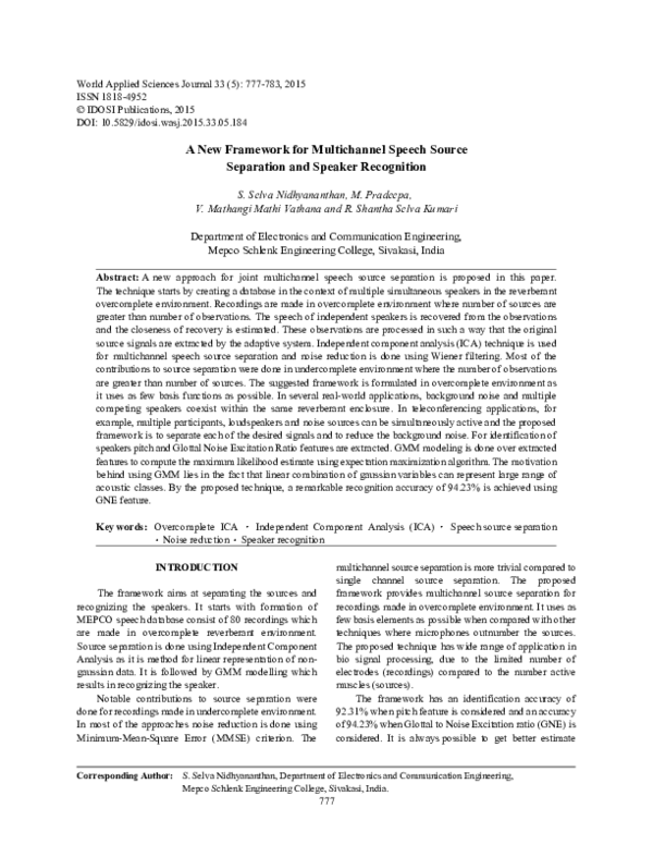 (PDF) A New Framework for Multichannel Speech Source Separation and Speaker Recognition