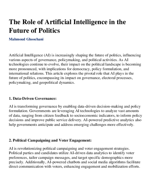 (PDF) The Role of Artificial Intelligence in the Future of Politics