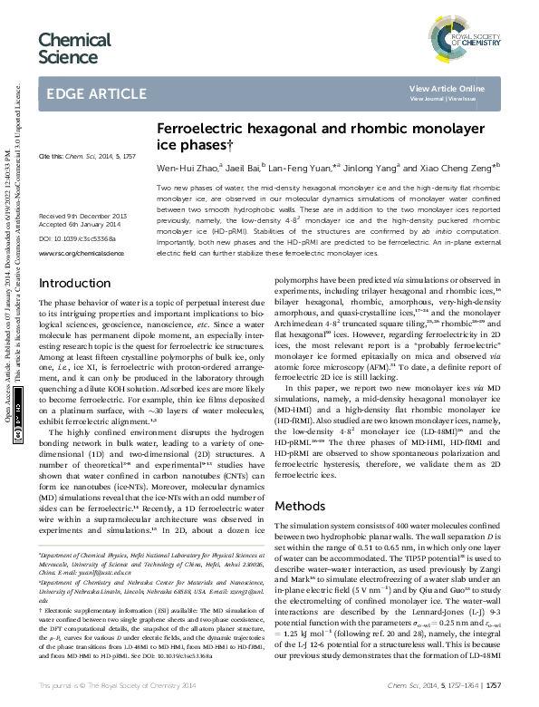 (PDF) Ferroelectric hexagonal and rhombic monolayer ice phases