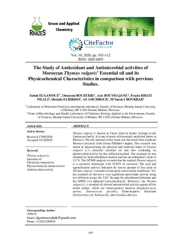 (PDF) The Study of Antioxidant and Antimicrobial activities of Moroccan Thymus vulgaris ...