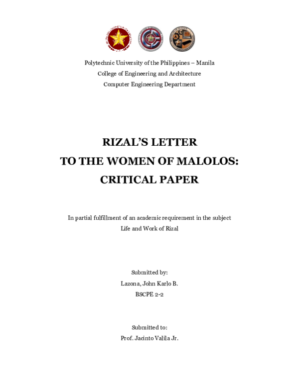 (PDF) Rizal's Letter to the Women of Malolos - A Critical Paper