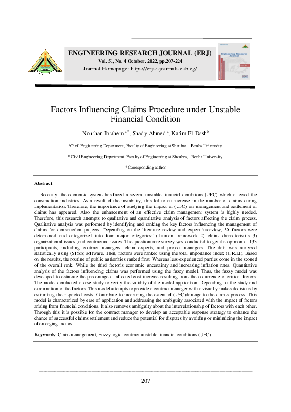 (PDF) Factors Influencing Claims Procedure under Unstable Financial Condition