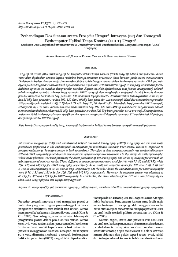 (PDF) Perbandingan Dos Sinaran antara Prosedur Urografi Intravena (IVU) dan Tomografi ...