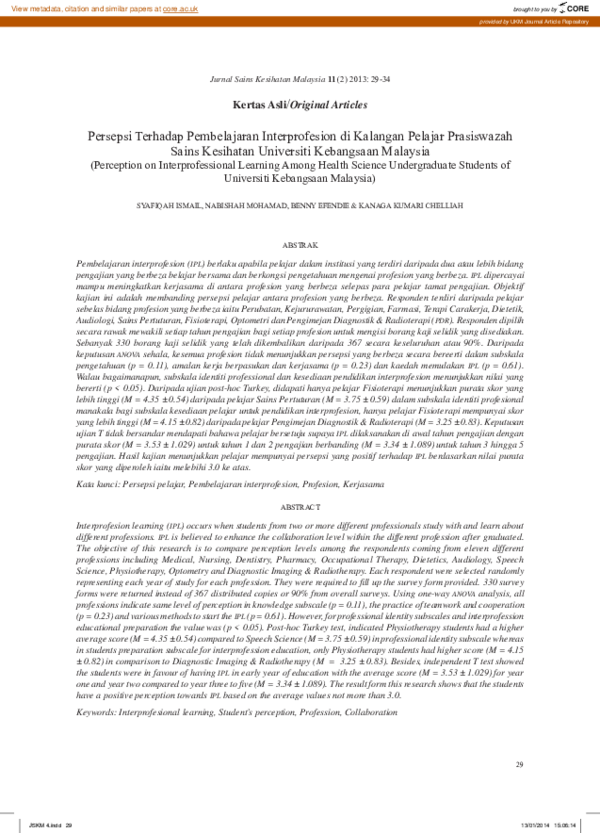 (PDF) Persepsi Terhadap Pembelajaran Interprofesion di Kalangan Pelajar Prasiswazah Sains ...