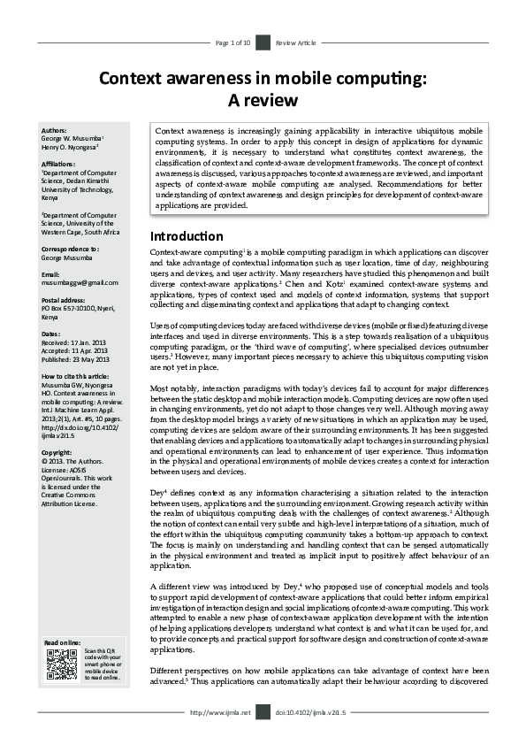 (PDF) Context awareness in mobile computing: A review