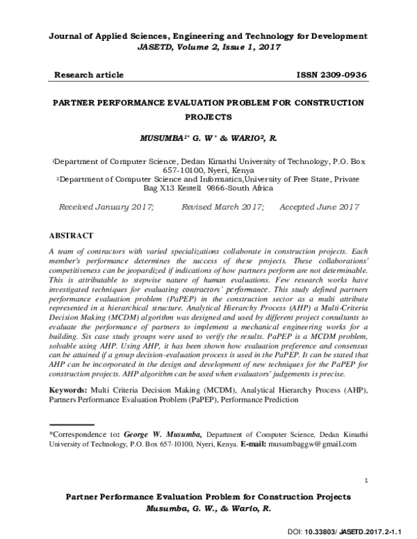 (PDF) Partner Performance Evaluation Problem for Construction Projects