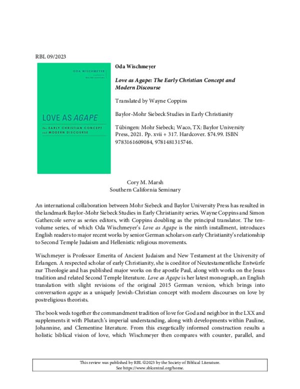 (PDF) Review of: Oda Wischmeyer, Love as Agape: The Early Christian ...