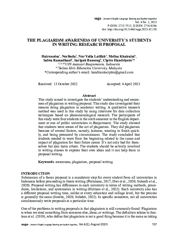 (PDF) The Plagiarism Awareness of University’s Students in Writing ...