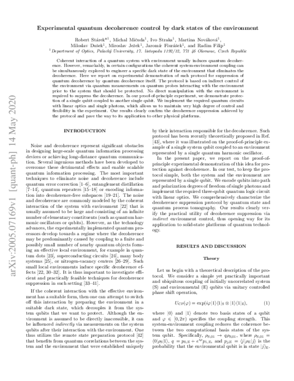(PDF) Experimental quantum decoherence control by dark states of the ...