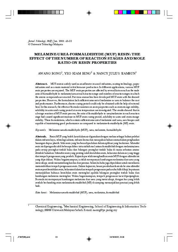 (PDF) Melamine–Urea–Formaldehyde (MUF) Resin: The Effect of the Number ...