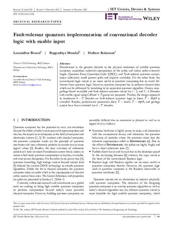 (PDF) Fault‐tolerant quantum implementation of conventional decoder logic with enable input ...