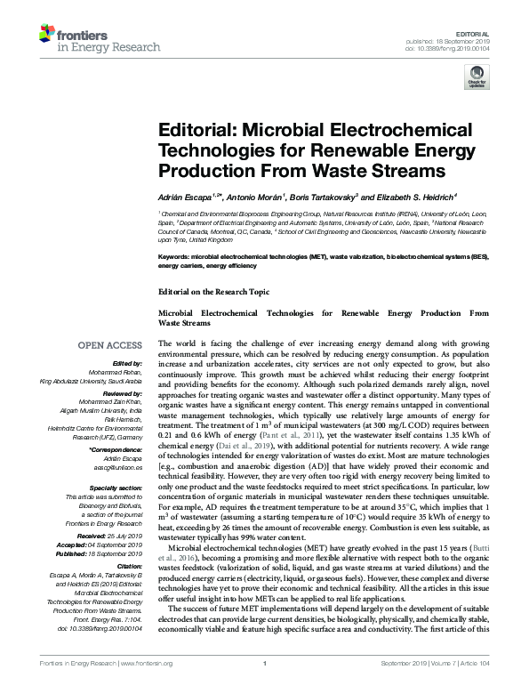 (PDF) Editorial: Microbial Electrochemical Technologies for Renewable Energy Production From ...