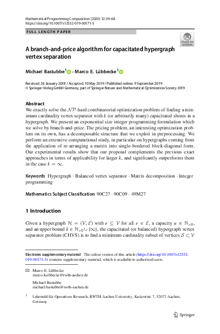 (PDF) A branch-and-price algorithm for capacitated hypergraph vertex separation | Marco Lübbecke ...