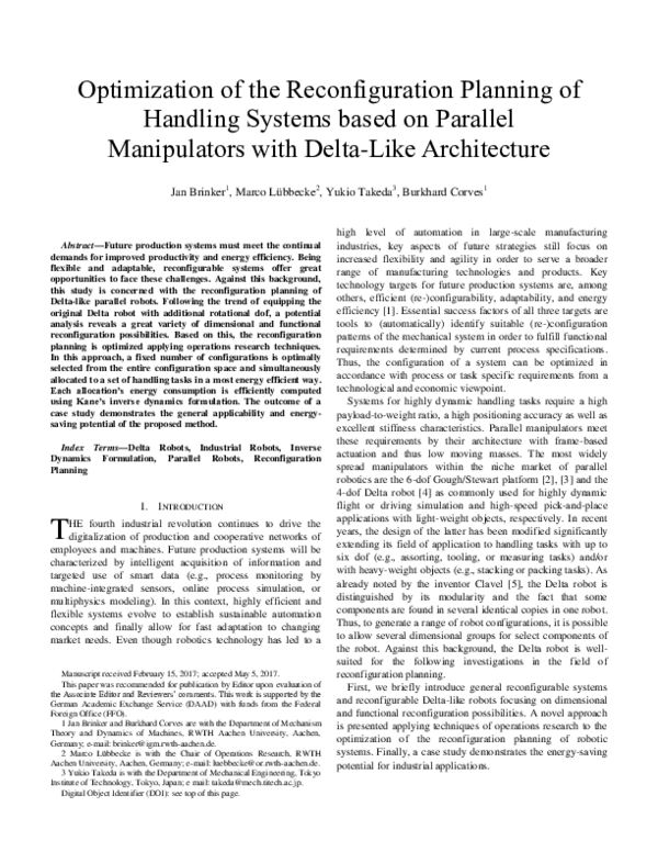 Pdf Optimization Of The Reconfiguration Planning Of Handling Systems Based On Parallel 