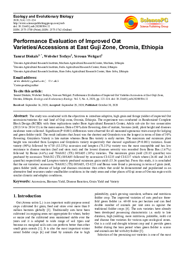 (PDF) Performance Evaluation of Improved Oat Varieties/Accessions at ...