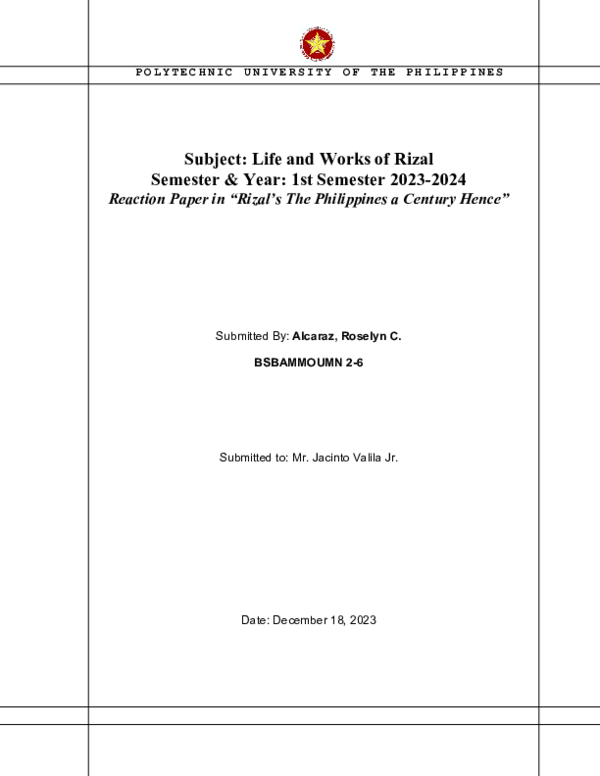 (PDF) Alcaraz Roselyn "Rizal's The Philippines a Century Hence"
