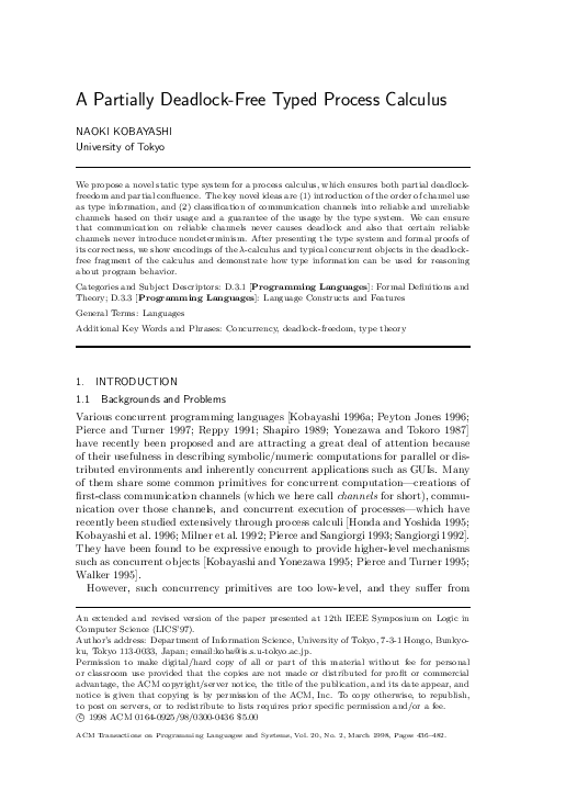 (PDF) A partially deadlock-free typed process calculus