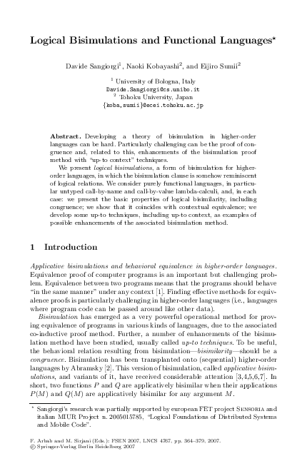 (PDF) Logical Bisimulations and Functional Languages