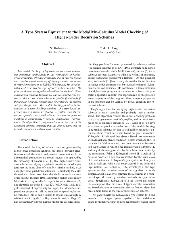 (PDF) A Type System Equivalent to the Modal Mu-Calculus Model Checking of Higher-Order Recursion ...