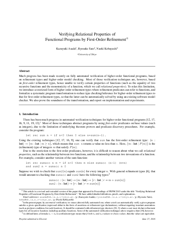(PDF) Verifying Relational Properties of Functional Programs by First-Order Refinement | Naoki ...
