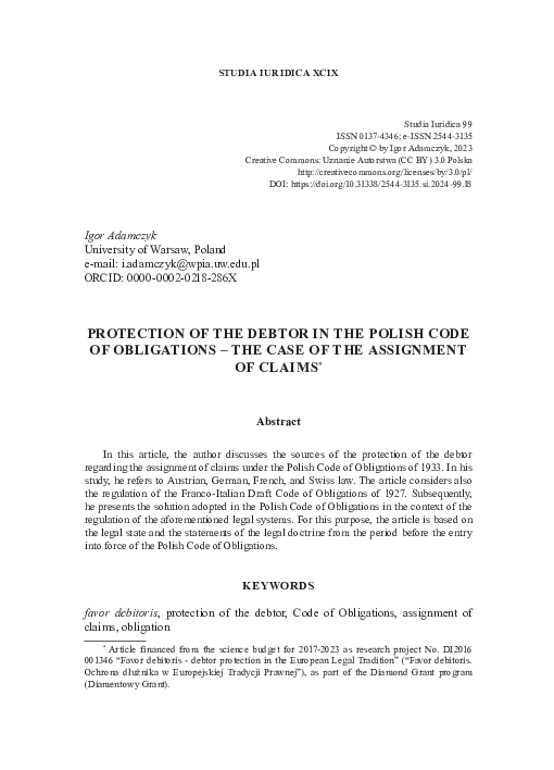 (PDF) Protection of the Debtor in the Polish Code of Obligations – The ...